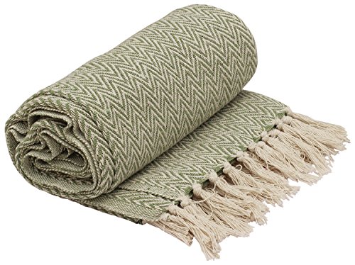 SouvNear Throws - 65 x 52 Inch Hand-Woven 100% Cotton Throw Blanket Lime Green & White Reversible with Tassels Throws for Couch Sofa Chair - Home Decor Furnishings