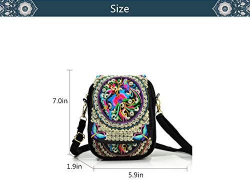 BigBigMe Women Ethnic Embroidered Handmade Mini Canvas Crossbody Shoulder Boho Travel Handbag Cell Phone Purse Wallet, Multicolor, 5.9 * 1.9 * 7.0 inch