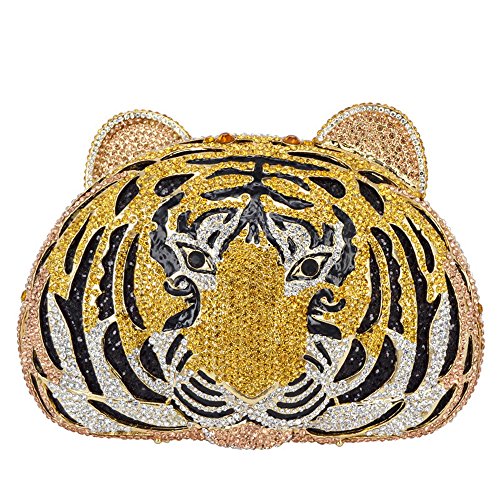 nice buy Lady Dazzle Full Diamond Clutch Tiger Head Evening Bag Bling Rhinestone Chain Cross Body Bag Animal Purse (Gold 1), Medium