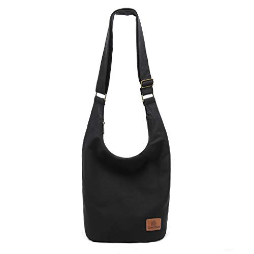Hippie Crossbody Bag Top Zip Retro Canvas Sling Bag Jacquard cloth Handmade Bags (Black)