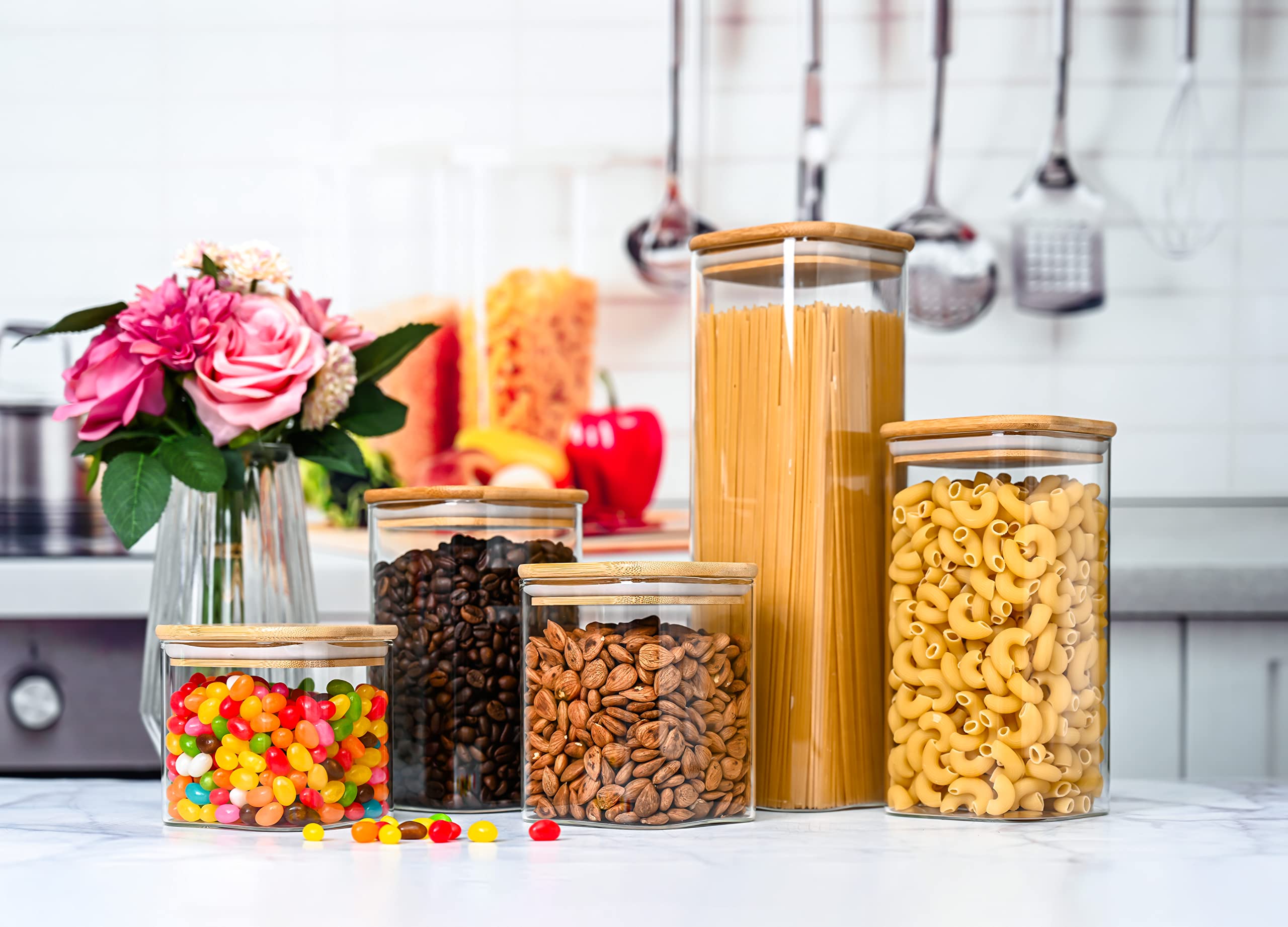 5 Square Canisters, Glass Kitchen Canister with Airtight Bamboo Lid, Glass Storage Jars for Kitchen, Bathroom and Pantry Organization Ideal for Flour, Sugar, Coffee, Candy, Snack & More