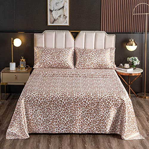 UDEAL California King Sheet Sets, 4 Pieces Silky Soft Satin Bed Sheets, Luxury California King Sheets Deep Pocket, Breathable & Fade Resistant, Beige Leopard