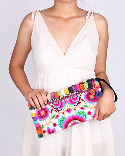 changnoi Handmade Clutch Bag with Hmong Tribes Embroidery (Silkworm White, Multi Pom)