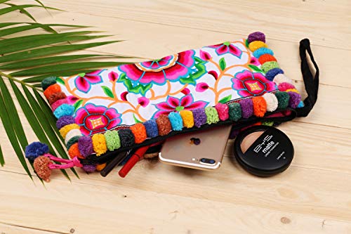 changnoi Handmade Clutch Bag with Hmong Tribes Embroidery (Silkworm White, Multi Pom)