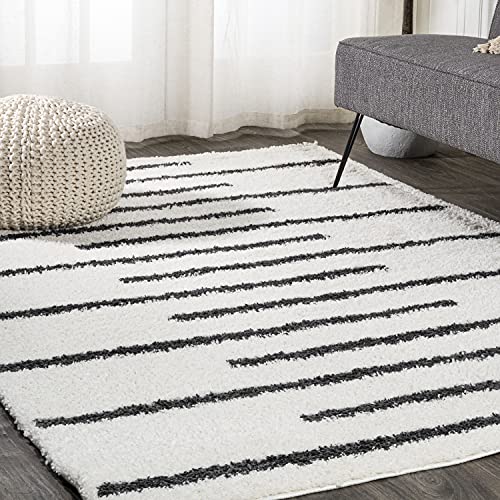 JONATHAN Y MOH402A-3 Alaro Berber Stripe Shag Indoor Area-Rug Bohemian Geometric Contemporary Glam Easy-Cleaning Bedroom Kitchen Living Room Non Shedding, 3 X 5, White/Black