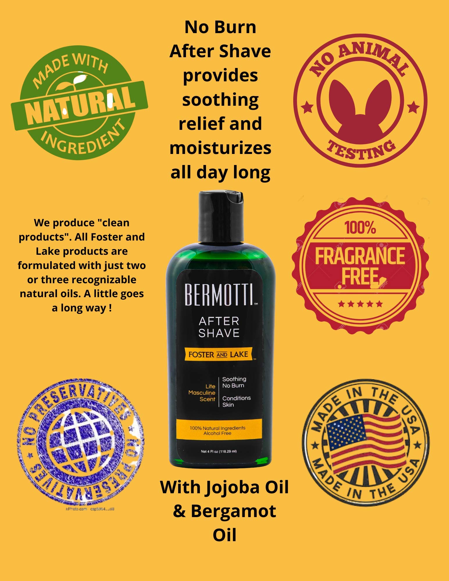 Foster and Lake - BERMOTTI After Shave, 2 Pack - 4 oz- No Burn & All Natural Soothing Skin Moisturizer