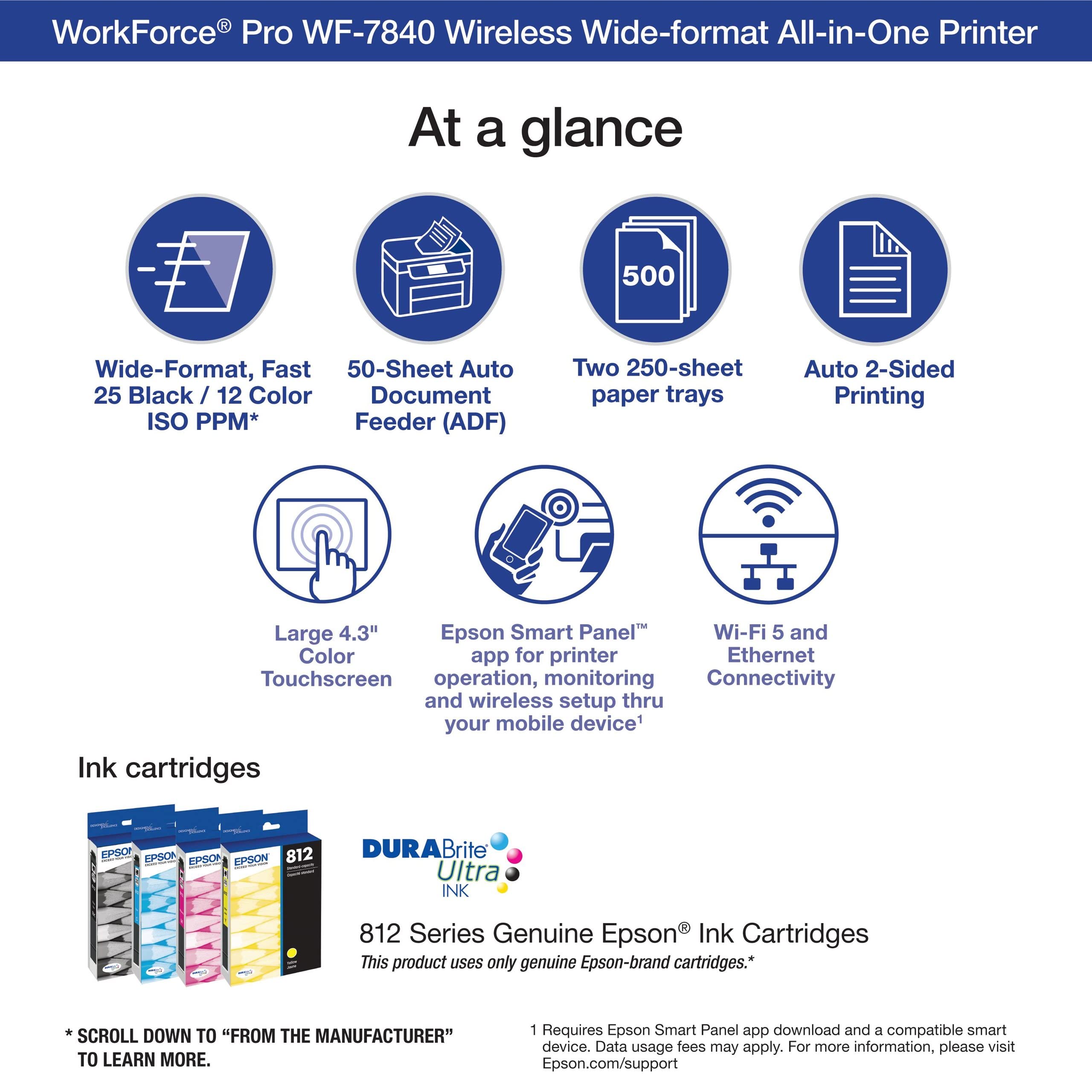 Epson Workforce Pro WF-7840 Wireless Wide-Format All-in-One Color Inkjet Printer, Black - Print Scan Copy Fax - 4.3" LCD, 25 ppm, 4800x2400 dpi, 13"x19", 50-Sheet ADF, Auto 2-Sided Printing, Ethernet