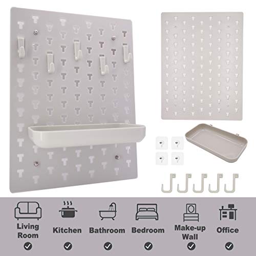 iiDesign Decorative Plastic Pegboard, EZ Mount Wall Shelf for Living Room Bathroom Kitchen Office, Wall Decor Storage Organizer (Grey)