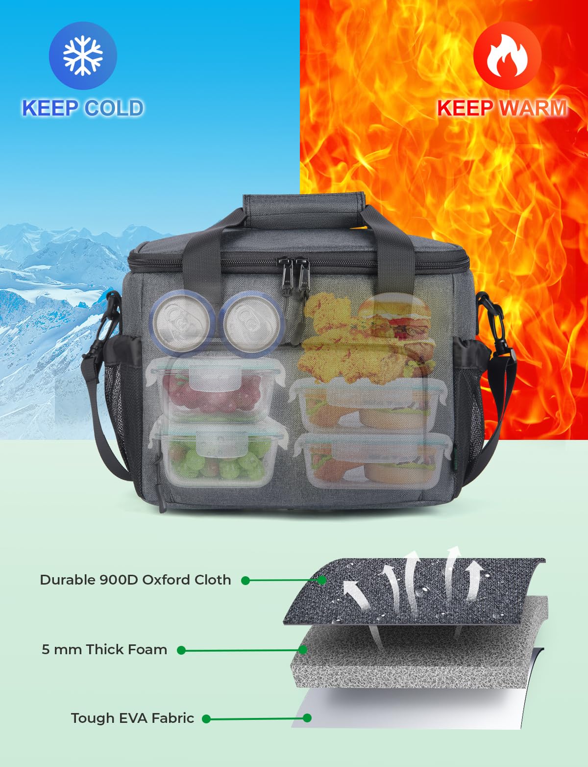 F40C4TMP Lunch Box for Men, Insulated Lunch Bag Large Adults, 12L Reusable Black Lunchbox Cooler Bag for Work Picnic School