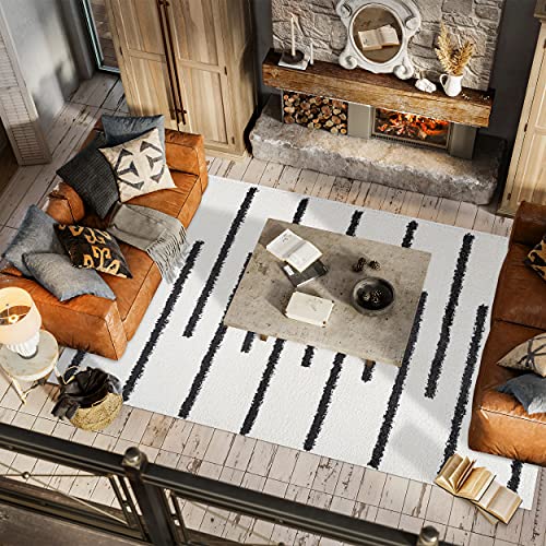 JONATHAN Y MOH402A-3 Alaro Berber Stripe Shag Indoor Area-Rug Bohemian Geometric Contemporary Glam Easy-Cleaning Bedroom Kitchen Living Room Non Shedding, 3 X 5, White/Black