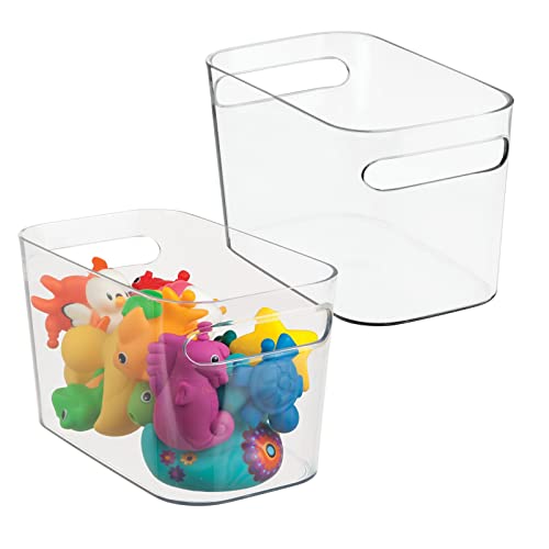 mDesign Plastic Toy Box Storage Organizer Tote Bin with Handles for Child/Kids Bedroom, Toy Room, Playroom - Holds Action Figures, Crayons, Building Blocks, Puzzles, Crafts - 10" Long, 2 Pack - Clear
