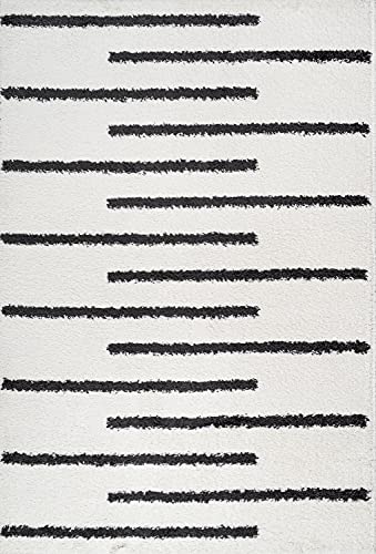 JONATHAN Y MOH402A-3 Alaro Berber Stripe Shag Indoor Area-Rug Bohemian Geometric Contemporary Glam Easy-Cleaning Bedroom Kitchen Living Room Non Shedding, 3 X 5, White/Black