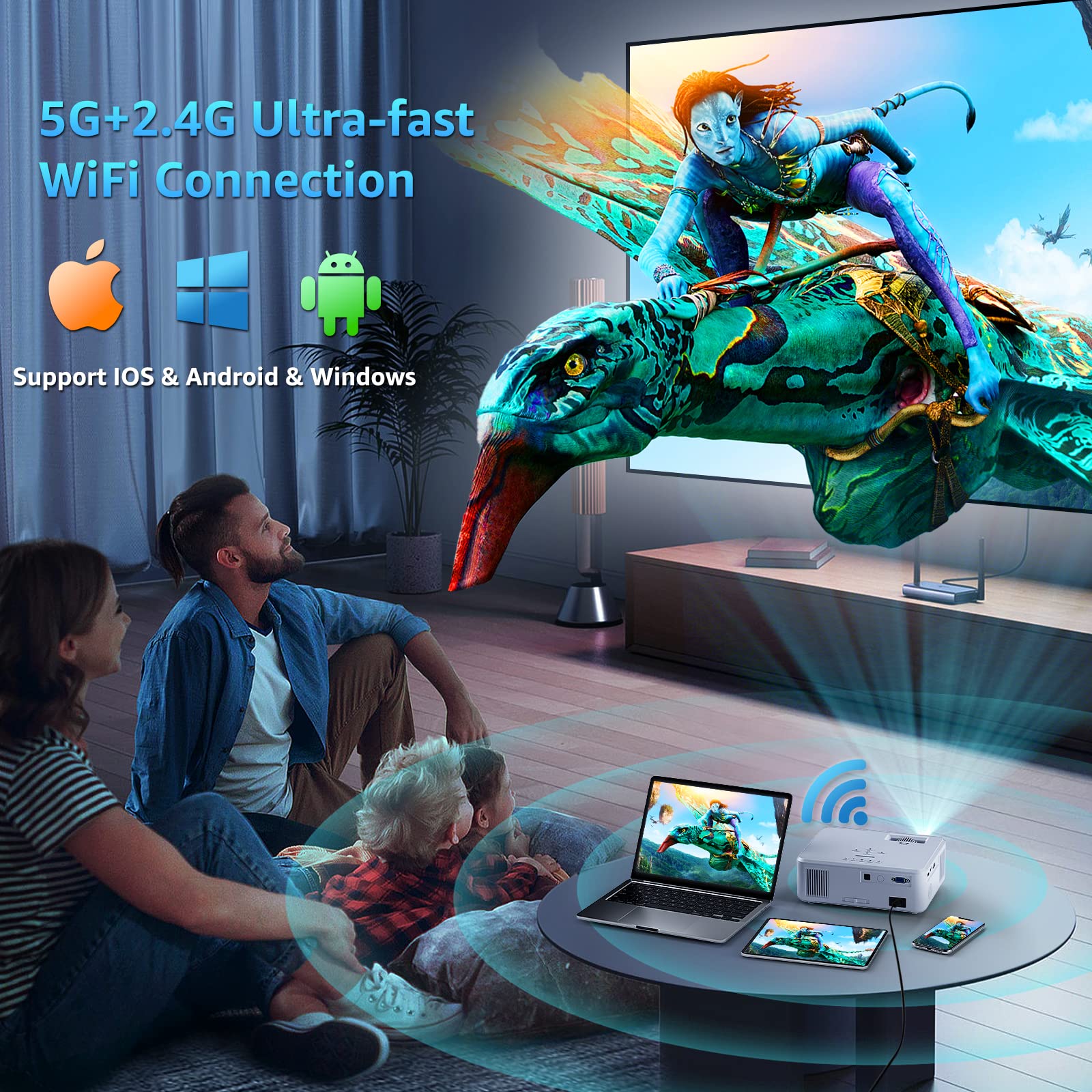 Projector with WiFi and Bluetooth, 5G WiFi Native 1080P Movie Projector, 9800L 4K Supported Portable Outdoor Projector, Pericat Home Theater Projector Compatible with TV Stick, Phone, Laptop