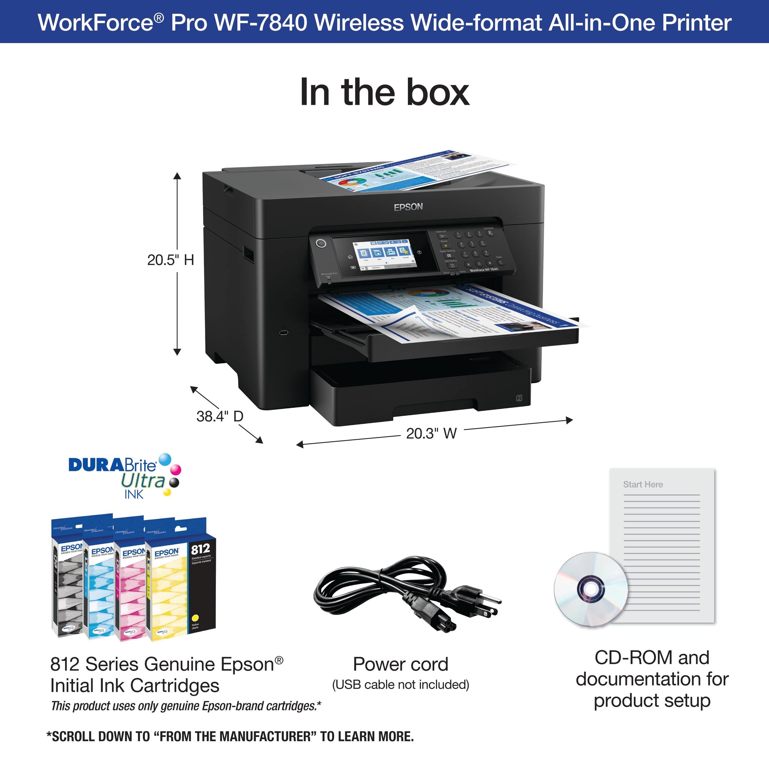 Epson Workforce Pro WF-7840 Wireless Wide-Format All-in-One Color Inkjet Printer, Black - Print Scan Copy Fax - 4.3" LCD, 25 ppm, 4800x2400 dpi, 13"x19", 50-Sheet ADF, Auto 2-Sided Printing, Ethernet