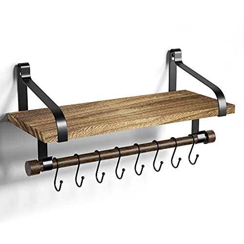 Love-KANKEI Floating Shelf Wall Shelf for Storage Rustic Wood Kitchen Spice Rack with Towel Bar and 8 Removable Hooks for Organize Cooking Utensils or Mugs Carbonized Black