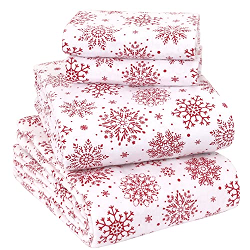 Sleepdown 100% Cotton Flannel Sheets - Super Soft Heavyweight, Double Brushed, Anti-Pill Flannel Bed Sheets - Cal King Sheets Deep Pocket Fitted Sheet X2 Side Pockets (California King, Merry Flakes)