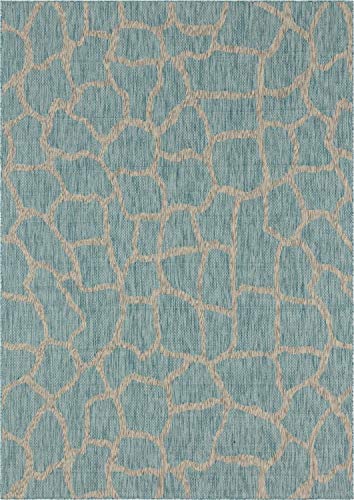 Unique Loom Outdoor Safari Collection Transitional Indoor & Outdoor Wildlife Inspired Animal Print with Giraffe Design Area Rug, 8 ft x 11 ft 4 in, Aqua Blue/Ivory
