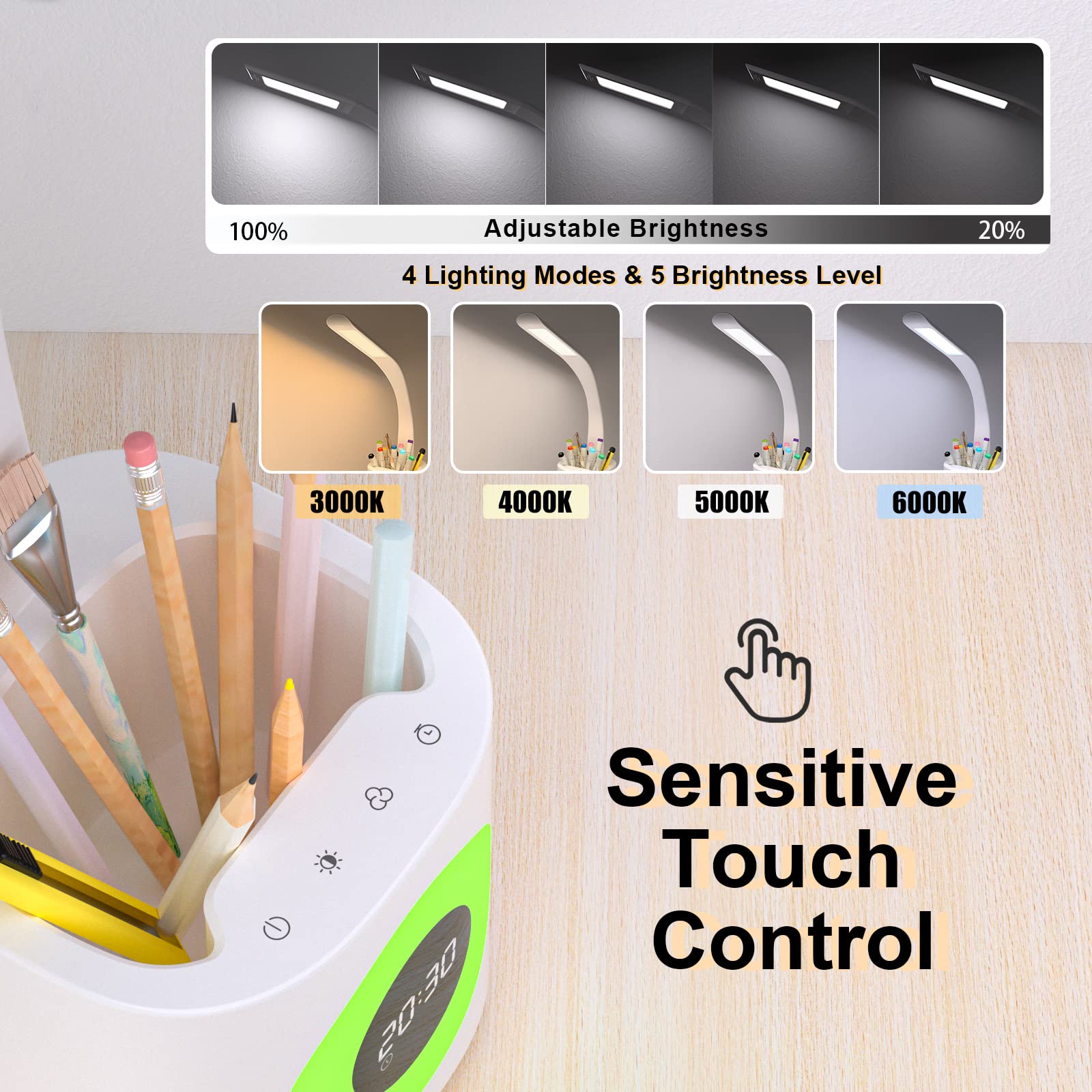 YOUKOYI LED Desk Lamp, Desk Lamps for Home Office, 10W Dimmable Study Desk Light with Pen Holder&Colorful Night Light&Clock, Kids Desk Lamp- 4 Lighting Modes&5 Brightness Level, Eye-Care Reading lamp