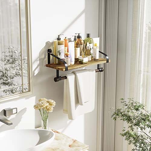 Love-KANKEI Floating Shelf Wall Shelf for Storage Rustic Wood Kitchen Spice Rack with Towel Bar and 8 Removable Hooks for Organize Cooking Utensils or Mugs Carbonized Black