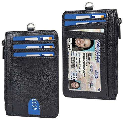 Teskyer Minimalist Wallet, Slim Wallet with Neck Lanyard and Wrist Strap, Credit Card Holder Wallet, RFID Blocking Front Pocket Wallet for Men Women, Black