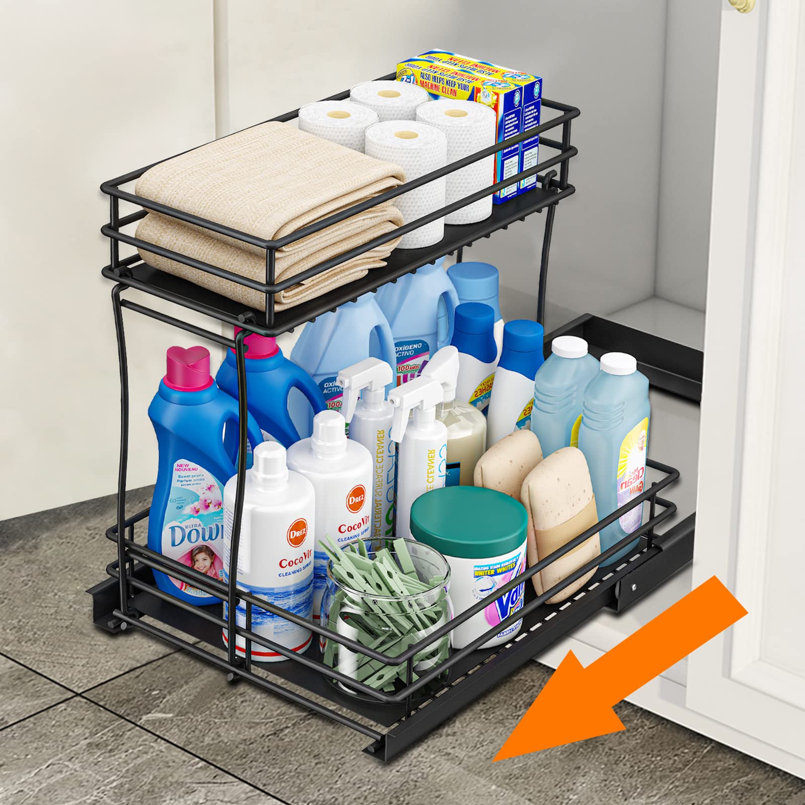 Pull Out Cabinet Organizer, 2-Tier Under Sink Slide Out Kitchen Cabinet Storage Shelves with Sliding Storage Basket Drawers, for Bathroom, Kitchen, Office,Least 13 Inch Cabinet Opening (Black )