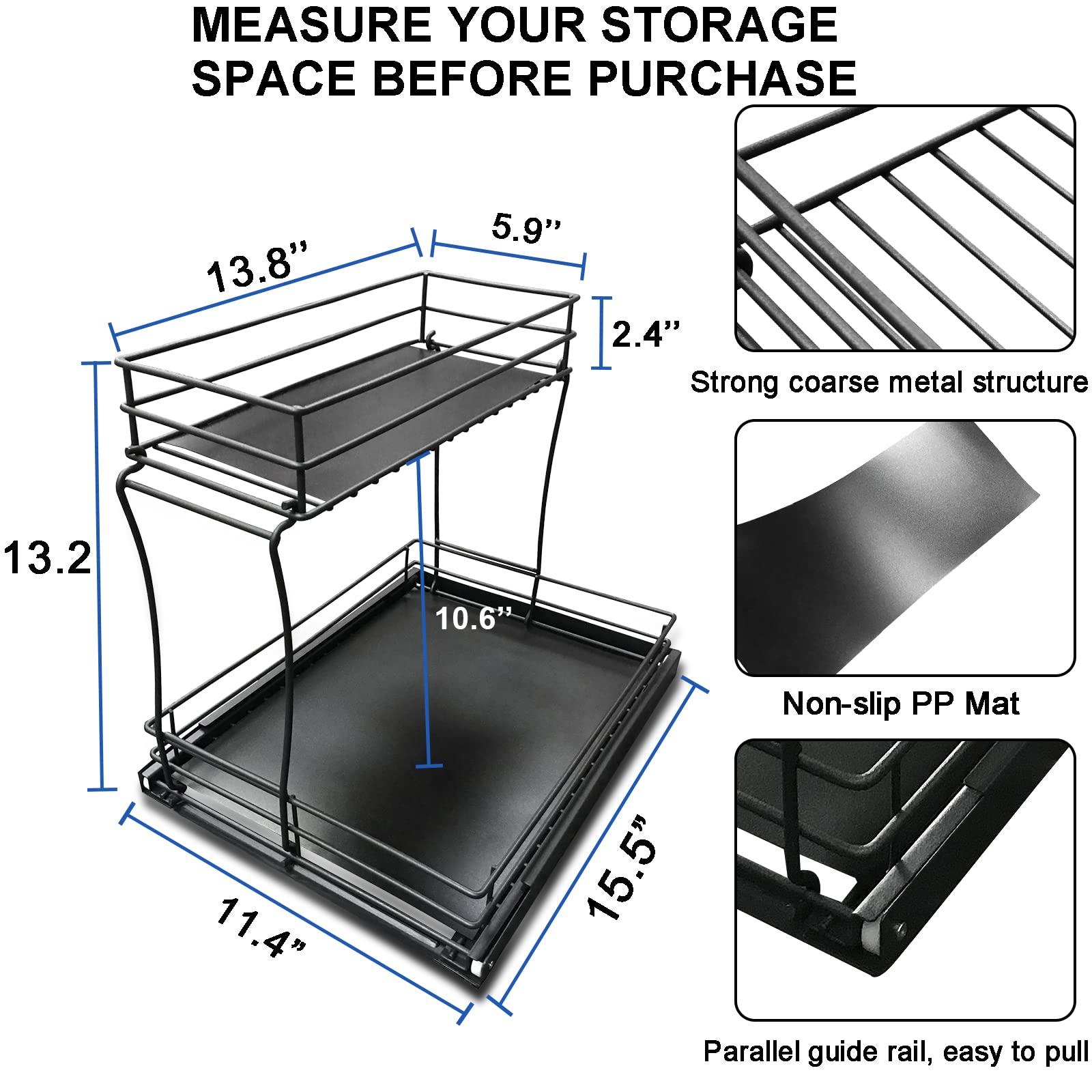 Pull Out Cabinet Organizer, 2-Tier Under Sink Slide Out Kitchen Cabinet Storage Shelves with Sliding Storage Basket Drawers, for Bathroom, Kitchen, Office,Least 13 Inch Cabinet Opening (Black )