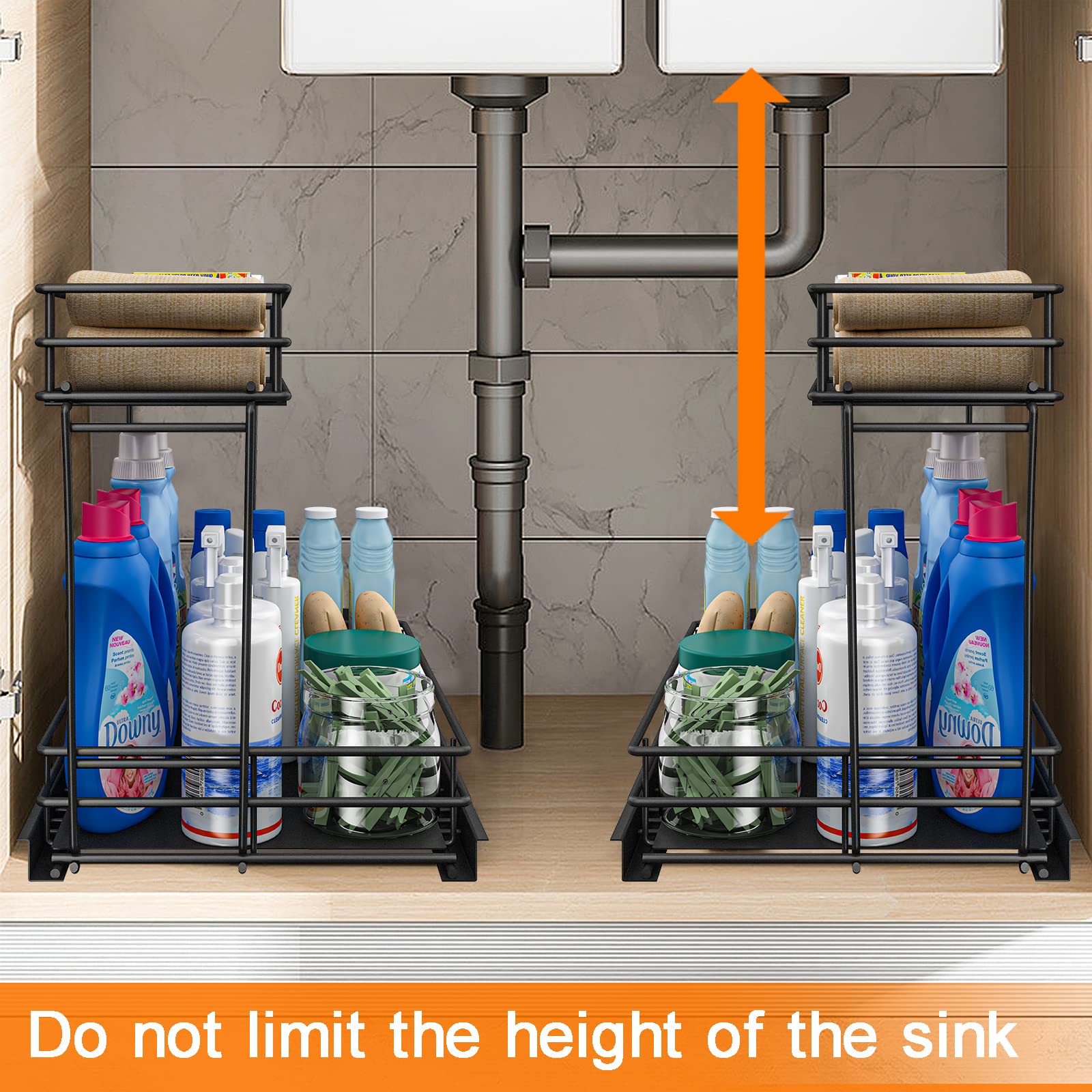 Pull Out Cabinet Organizer, 2-Tier Under Sink Slide Out Kitchen Cabinet Storage Shelves with Sliding Storage Basket Drawers, for Bathroom, Kitchen, Office,Least 13 Inch Cabinet Opening (Black )