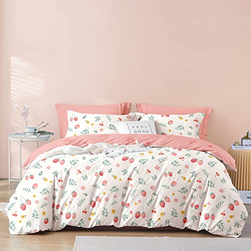 SAPHREAS Sweet Strawberry Pink White Duvet Cover Set Queen Size Cotton 3 Piece Girls Bedding Comforter 1 Duvet Cover 2 Pillow Shams