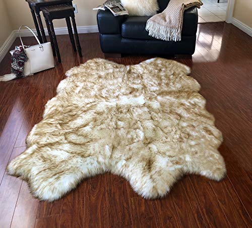 LAMBZY Faux Sheepskin Hypoallergenic Free Shape Silky Shag Rug, Luxury Shaggy Silky Plush Carpet for Bedrooms Rugs Living Room Sofa Floor Rugs (Quarto 4 Pelts 4'x6', 120x180cm White with Brown Tips)