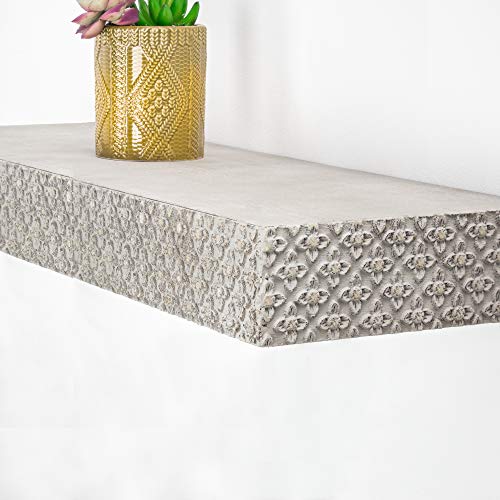 American Art Decor Rustic Wood Embossed Floral Floating Wall Shelf - Greywashed (36 x 9)