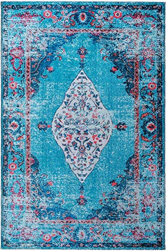 Mylife Rugs Traditional Vintage Non Slip Machine Washable Distressed Printed Area Rug, Turquoise Red 4'x6'