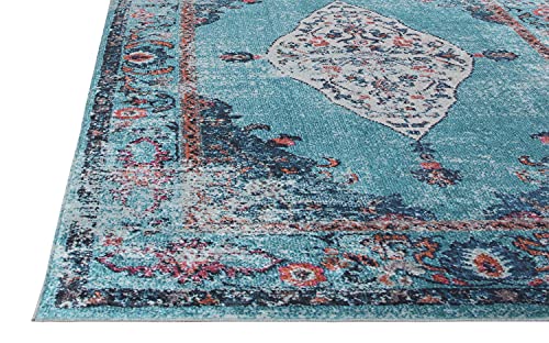 Mylife Rugs Traditional Vintage Non Slip Machine Washable Distressed Printed Area Rug, Turquoise Red 4'x6'