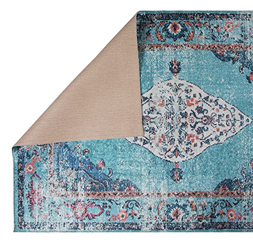 Mylife Rugs Traditional Vintage Non Slip Machine Washable Distressed Printed Area Rug, Turquoise Red 4'x6'