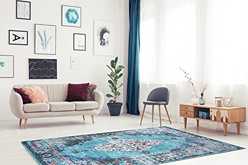 Mylife Rugs Traditional Vintage Non Slip Machine Washable Distressed Printed Area Rug, Turquoise Red 4'x6'