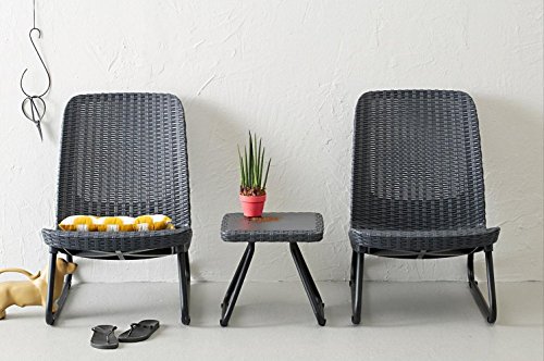 Keter Resin Wicker Patio Furniture Set with Side Table and Outdoor Chairs, Dark Grey