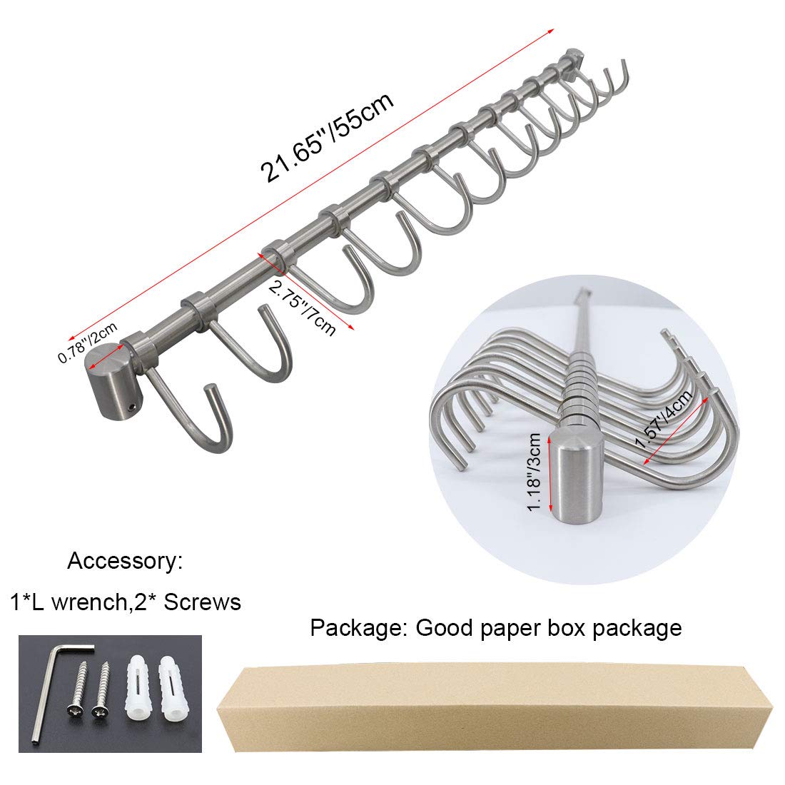 YIHAIXINGWEI Utensil Racks 22Inch Kitchen hanger 304 Stainless Steel Wall Hanging Rail Rod Wall Mount Pot Rack Pans Flatware Storage Organization holder With 12 Sliding Hooks.