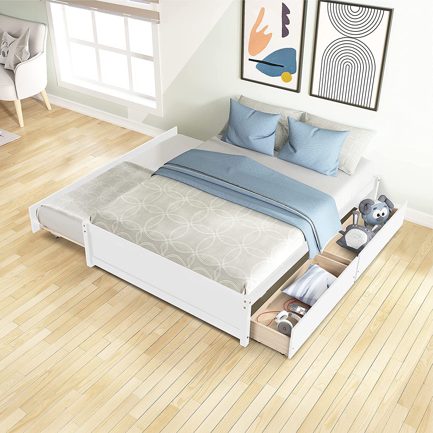 Rophefx Full Size Platform Bed with Trundle and 2 Drawers, Solid Wood Full Kids Beds with Twin Size Trundle, White