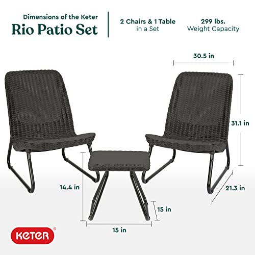 Keter Resin Wicker Patio Furniture Set with Side Table and Outdoor Chairs, Dark Grey
