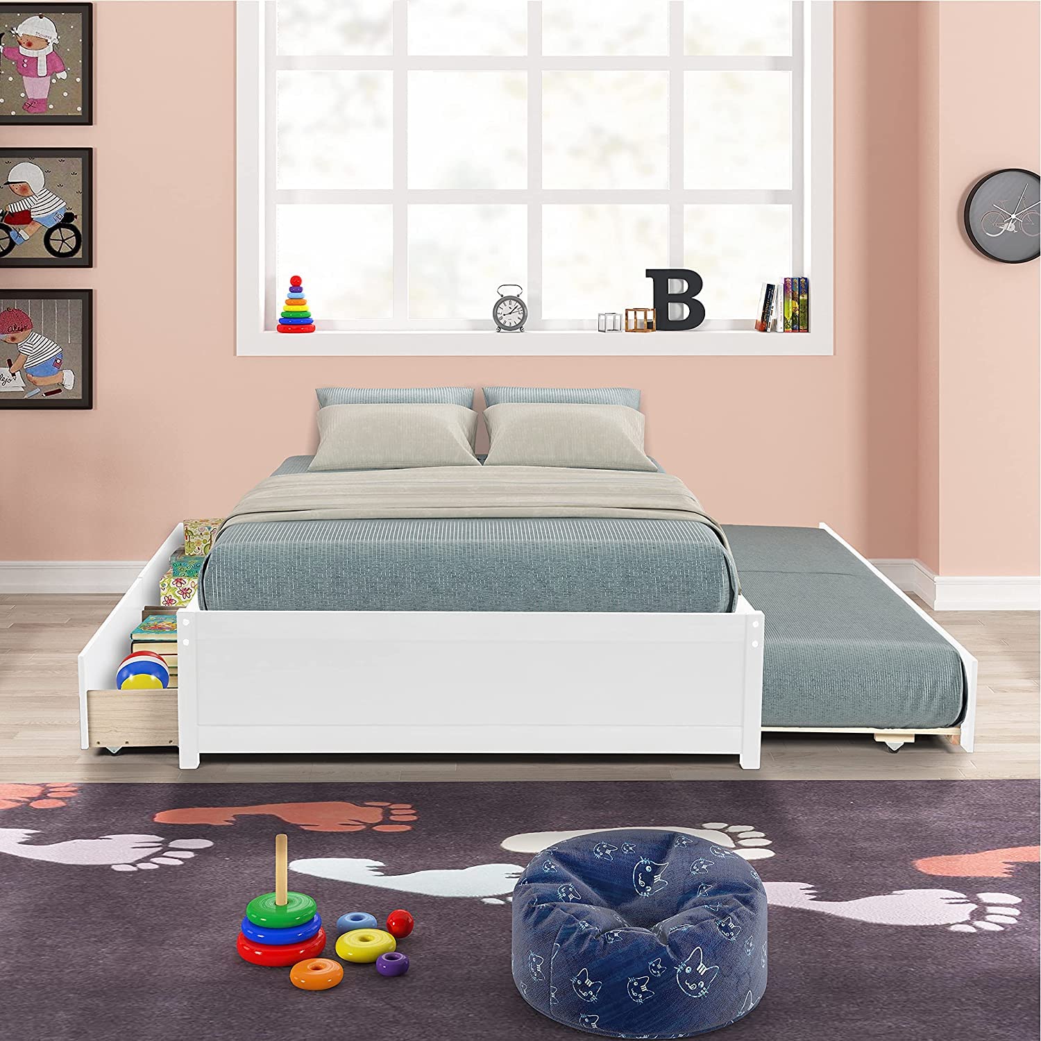 Rophefx Full Size Platform Bed with Trundle and 2 Drawers, Solid Wood Full Kids Beds with Twin Size Trundle, White