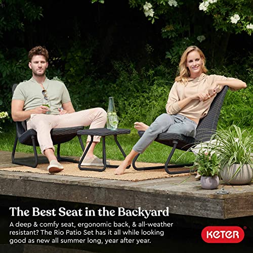 Keter Resin Wicker Patio Furniture Set with Side Table and Outdoor Chairs, Dark Grey