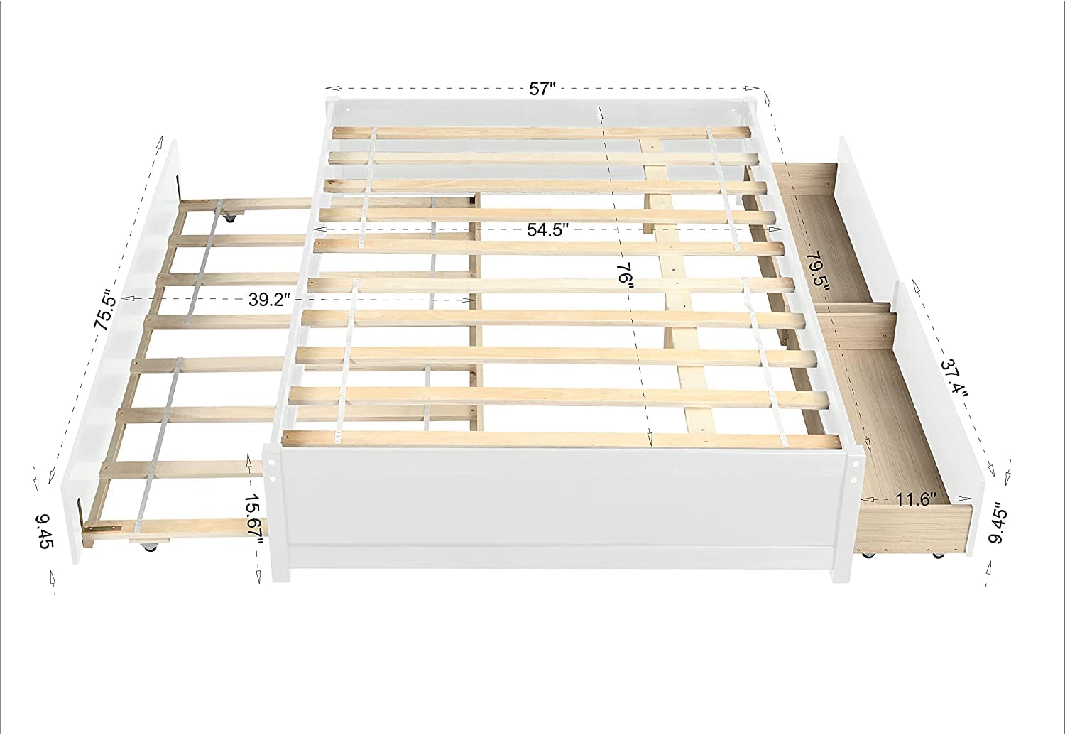 Rophefx Full Size Platform Bed with Trundle and 2 Drawers, Solid Wood Full Kids Beds with Twin Size Trundle, White