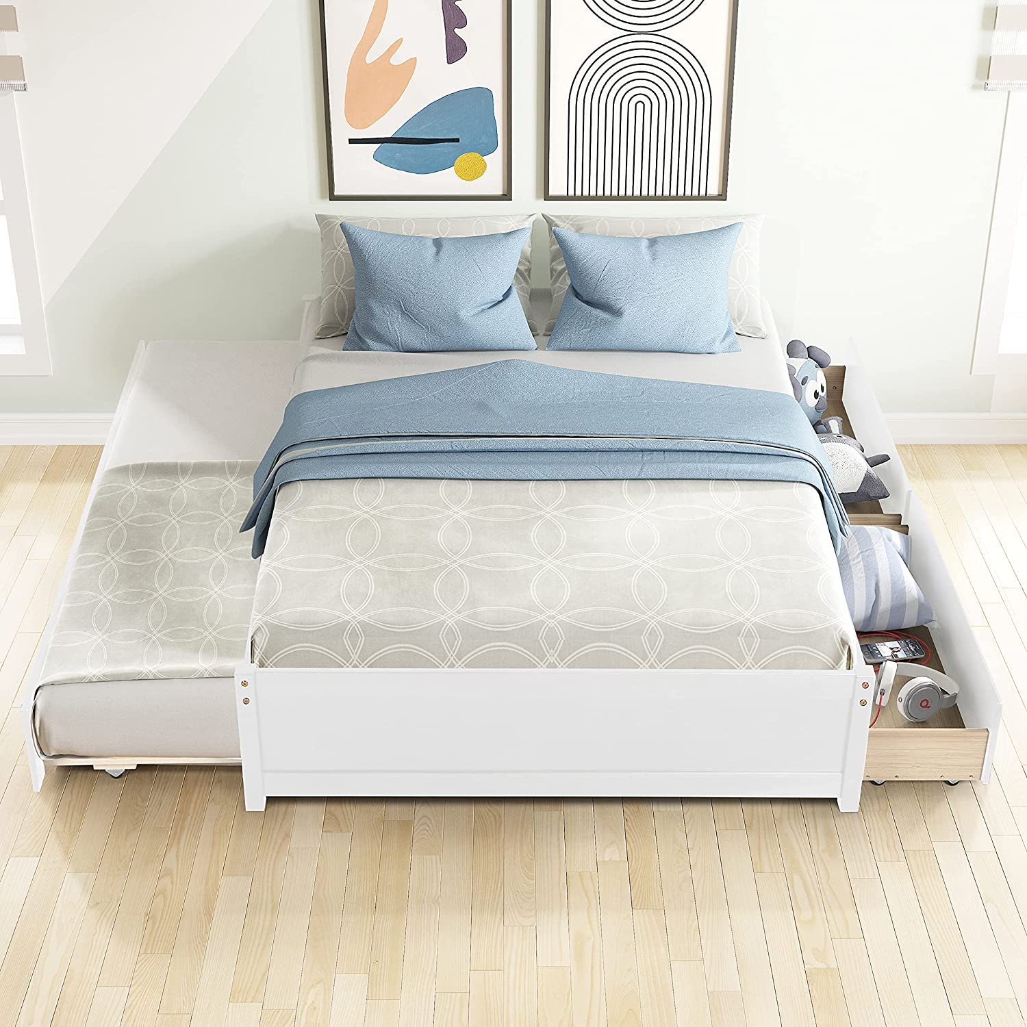 Rophefx Full Size Platform Bed with Trundle and 2 Drawers, Solid Wood Full Kids Beds with Twin Size Trundle, White