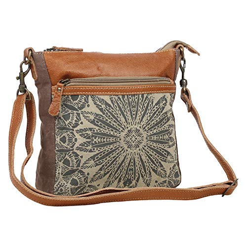 Myra Bag Dizzy Circle Upcycled Canvas & Leather Small Crossbody Bag S-1556, Brown,