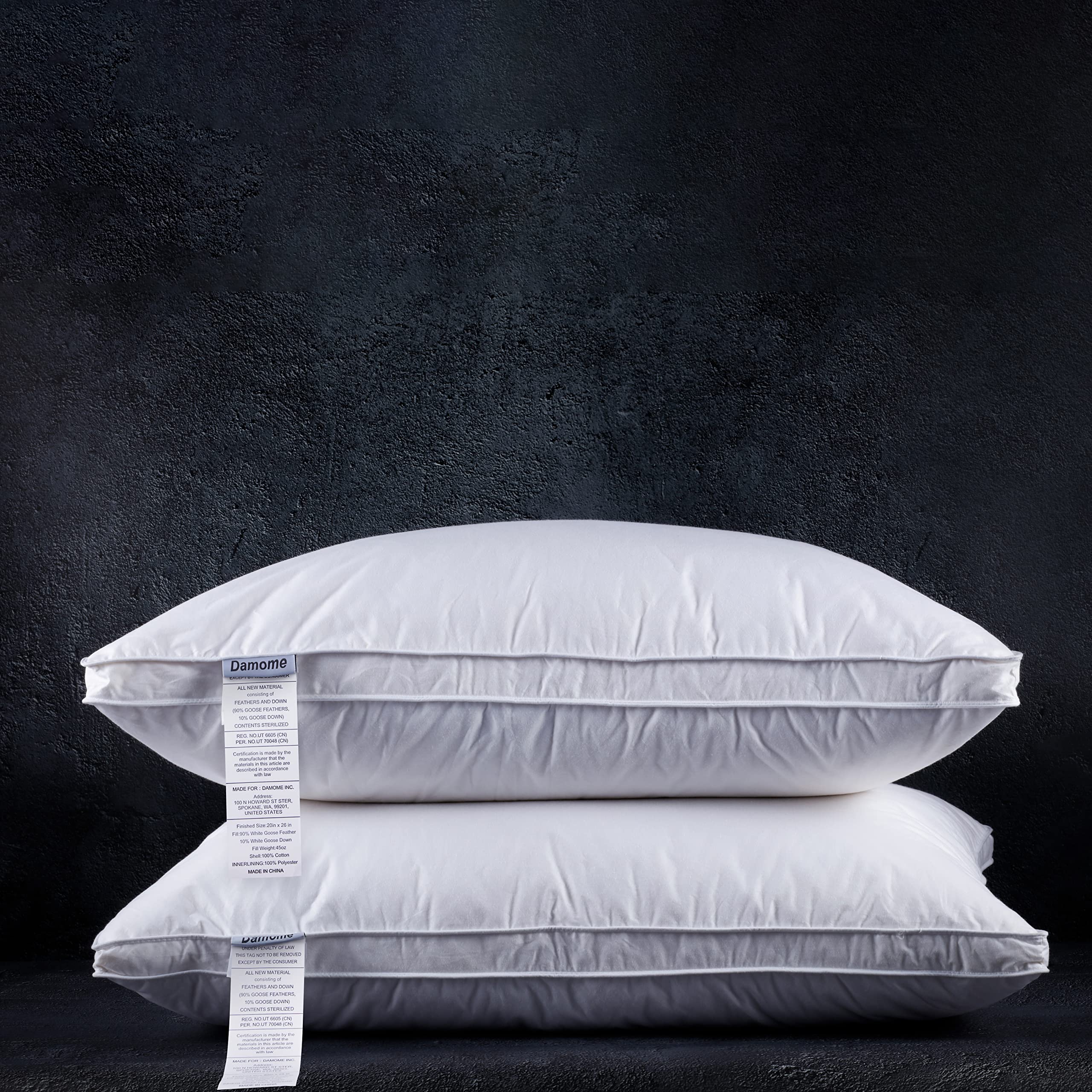 Damome Goose Feathers Down Pillows for Sleeping(2 Pack),Standard(20inx26in)-White Bed Pillow Inserts,100% Cotton Cover,Sleeping Pillows for All Sleepers