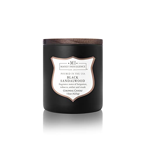 Manly Indulgence Scented Jar Candle, Black Sandalwood, Signature Collection, Soy Wax Blend, Wooden Wick, 15 Oz, Single (Bergamot, Tobacco, Amber & Musk)