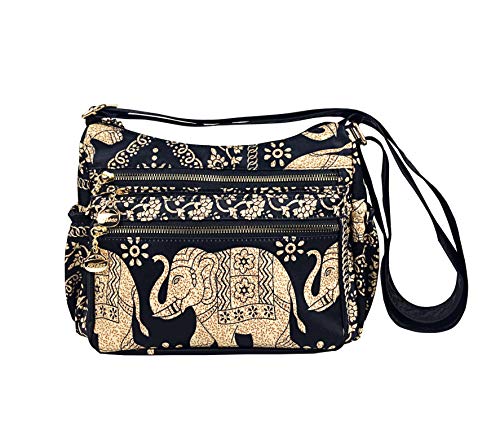 WONSHREE Elephant Purse Multi-Pocket Shoulder Bag Boho Crossbody Bag for Women Unisex Casual Nylon Travel Messenger Bag 11.8 X 7.8 Inch, Black