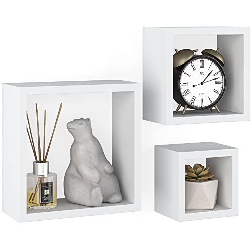 Ballucci Cube Floating Wall Shelves, Set of 3 Cubby Wall Mounted Wood Shelves for Wall Decor, White