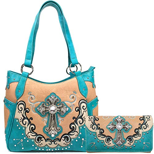 Zelris Western Silver Cross Turquoise Conceal Carry Women Tote Purse Wallet Set (Tan)