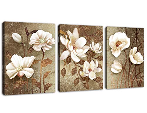 Vintage Wall Art Flowers Bedroom Wall Decor 3 Pieces Canvas Wall Art White Blossom Bathroom Living Room Decoration 12" x 16" x 3 Panels Framed Ready to Hang