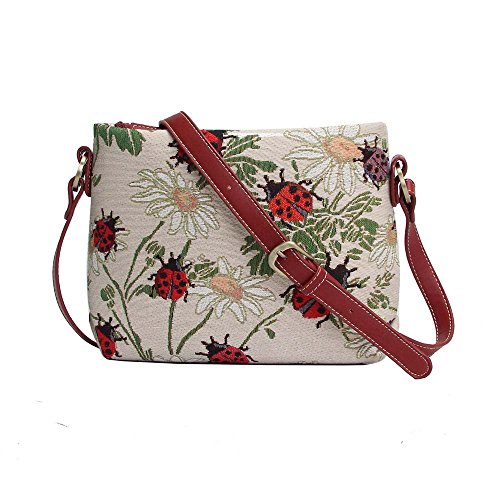 Signare Tapestry Crossbody Purse Small Shoulder Bag for Women with Red Ladybug and Daisy Design (XB02-LDBD)